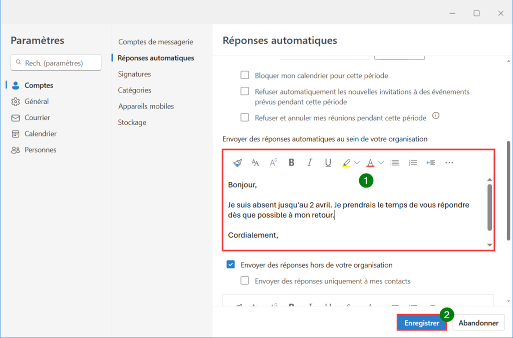 Outlook : configurer un message d’absence – Le Crabe Info