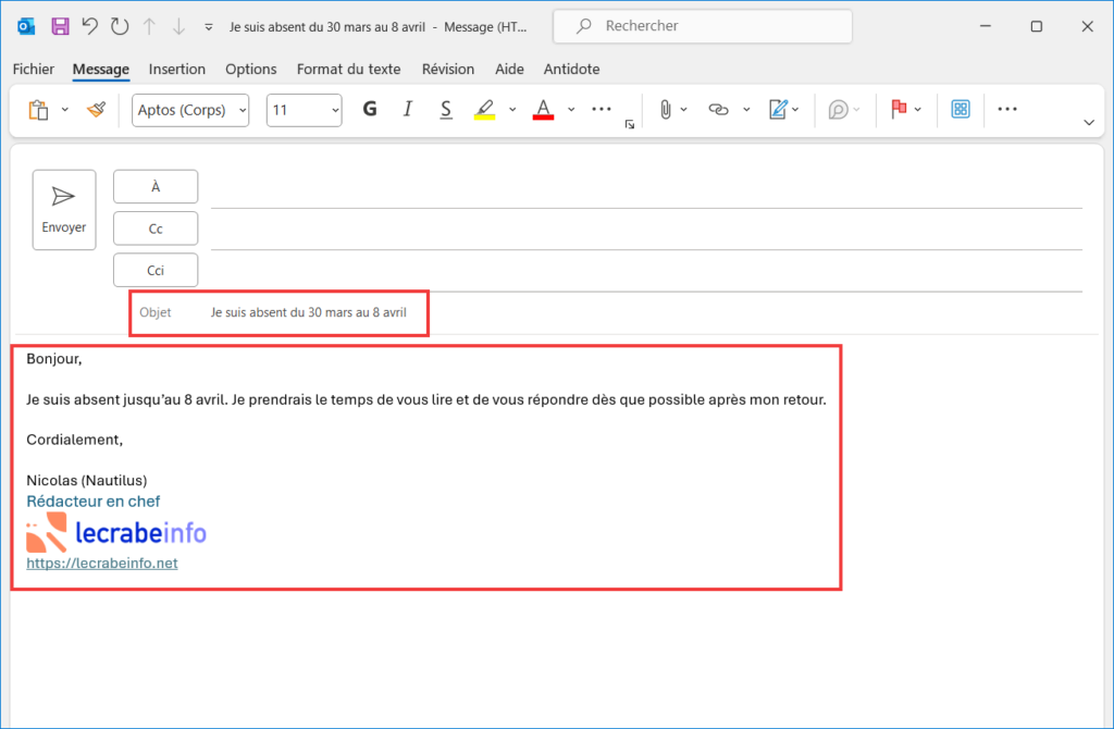 Outlook : configurer un message d’absence – Le Crabe Info